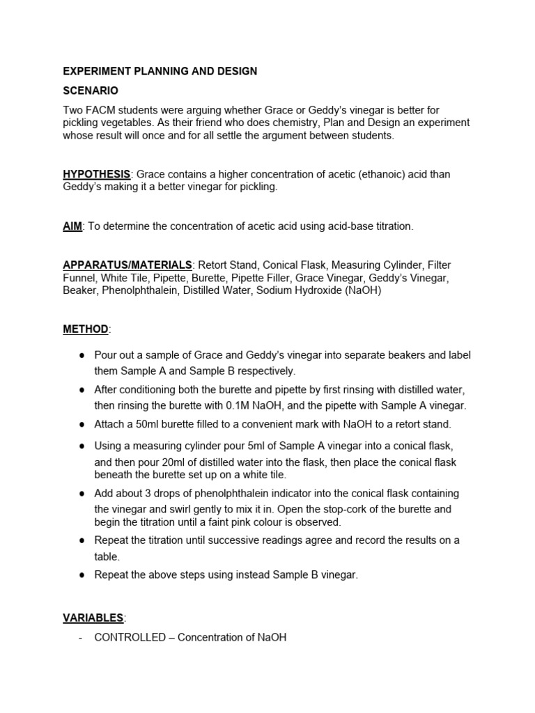 Acidity Planning and Design Lab Using Vinegar | PDF | Titration | Chemistry