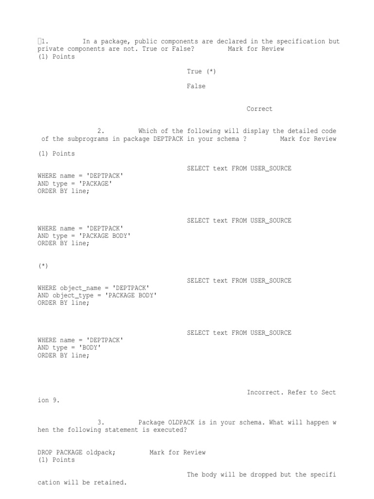 SQL Package Management Quiz | PDF | Subroutine | Pl/Sql