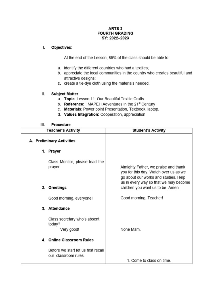 Detailed Lesson Plan in Arts Lesson 11 | PDF | Textiles | Textile Arts