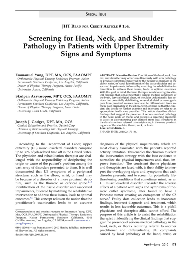 Screening for Upper Extremity Pathology | PDF | Physical Therapy | Shoulder