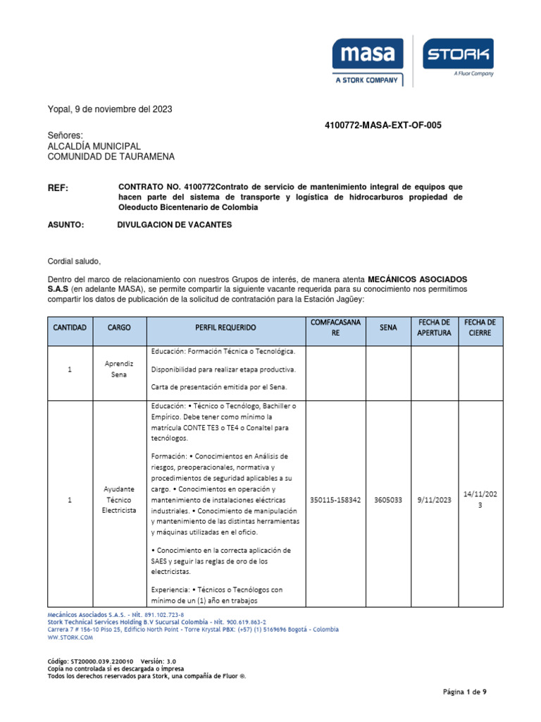 09-11-2023 Masa Stork Vacantes Odl | PDF | Electricista | Electricidad