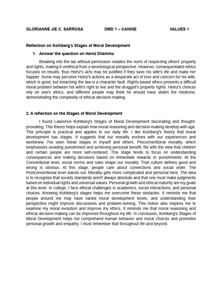 SARROSA - Reflection On Kohlberg's Stages of Moral Development | PDF ...