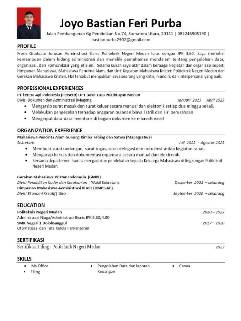 CV Joyo Bastian Feri Purba | PDF