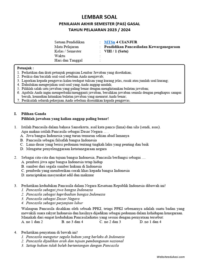 Soal PAS PKN Kelas 8 BU NENI | PDF | Politik | Ilmu Sosial