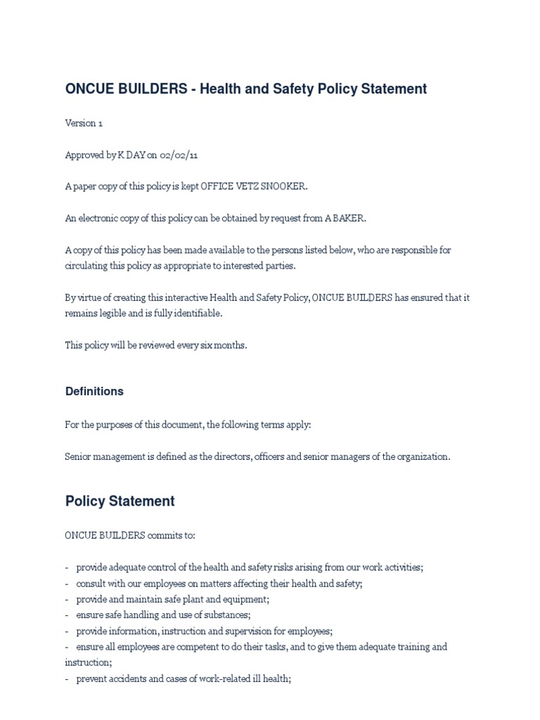 Health and Safety Policy | PDF | Occupational Safety And Health | Safety