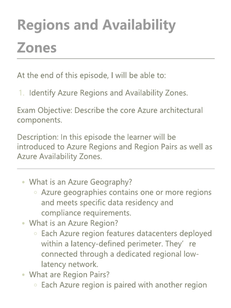 Microsoft Az900 2 1 1 Regions and Availability Zones | PDF