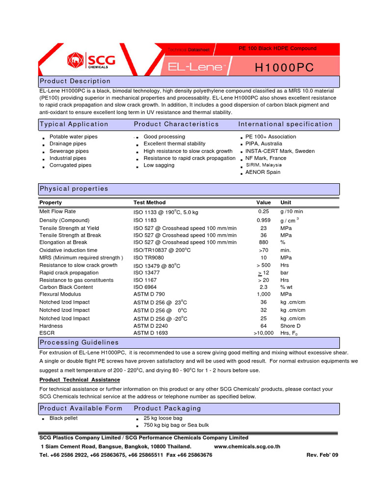 Data Sheet EL-Lene H1000PC Rev - Feb - 09 | PDF | Polyethylene | Fracture