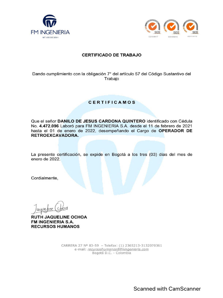 Certificado de Trabajo- Cargo | PDF