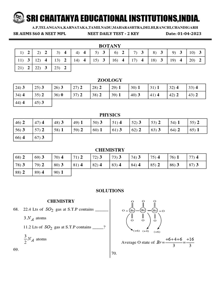 SR Aiims S60 & Neet MPL Neet Daily Test - 2 Paper Key (01-04-2023 ...