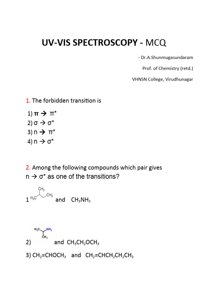 UV-Visible Spectroscopy MCQs and Answers | PDF | Absorbance ...