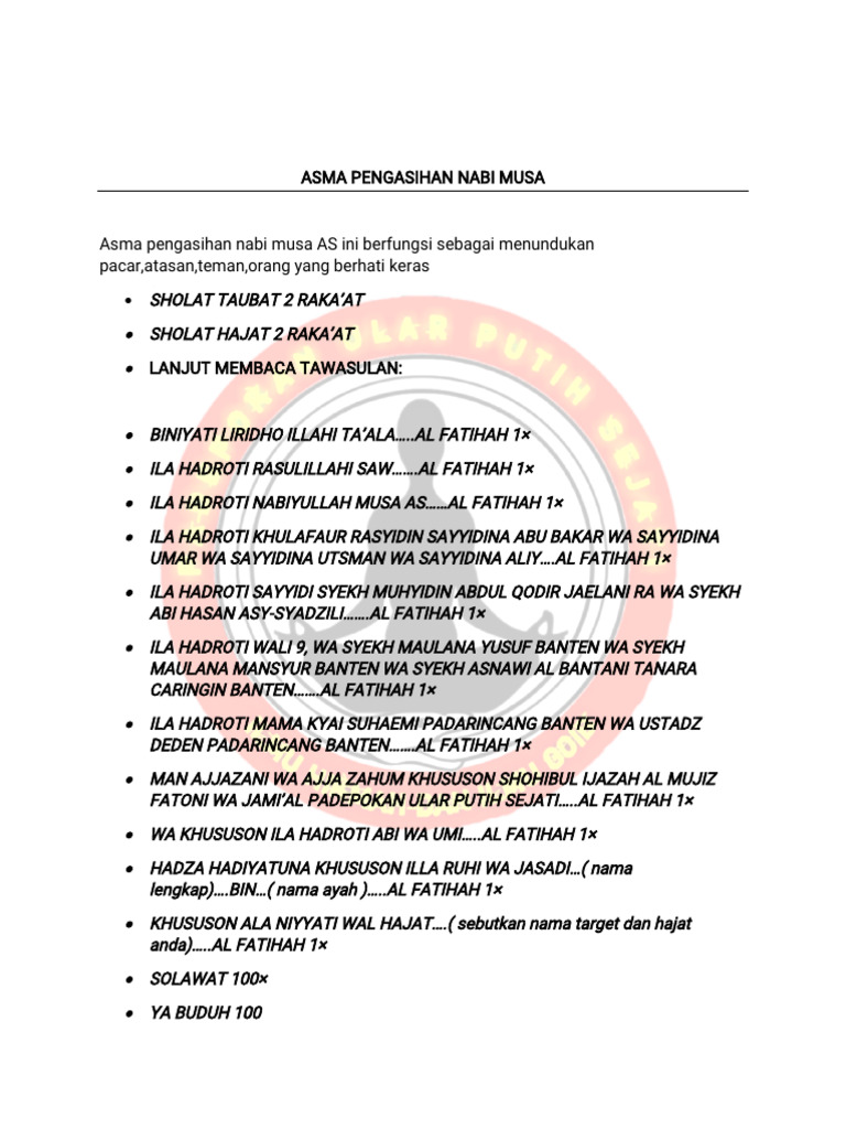 Asma Pengasihan Nabi Musa | PDF