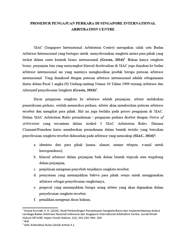 Prosedur Pengajuan Perkara Di Singapore International Arbitration Centre (Siac) | PDF