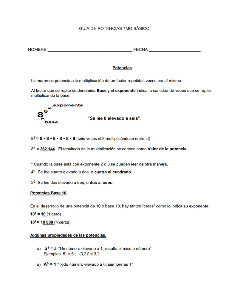 Guía de Potencias 7mo Básico | PDF | Métodos y materiales de enseñanza