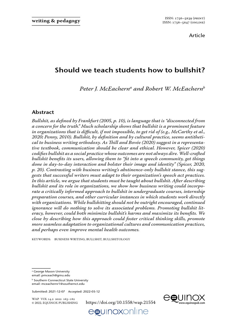 Should We Teach Students To Bullshit | PDF | Literacy | Employment