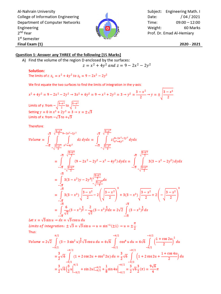 Final Exam Eng Math I Solution | PDF | Mathematical Analysis | Equations