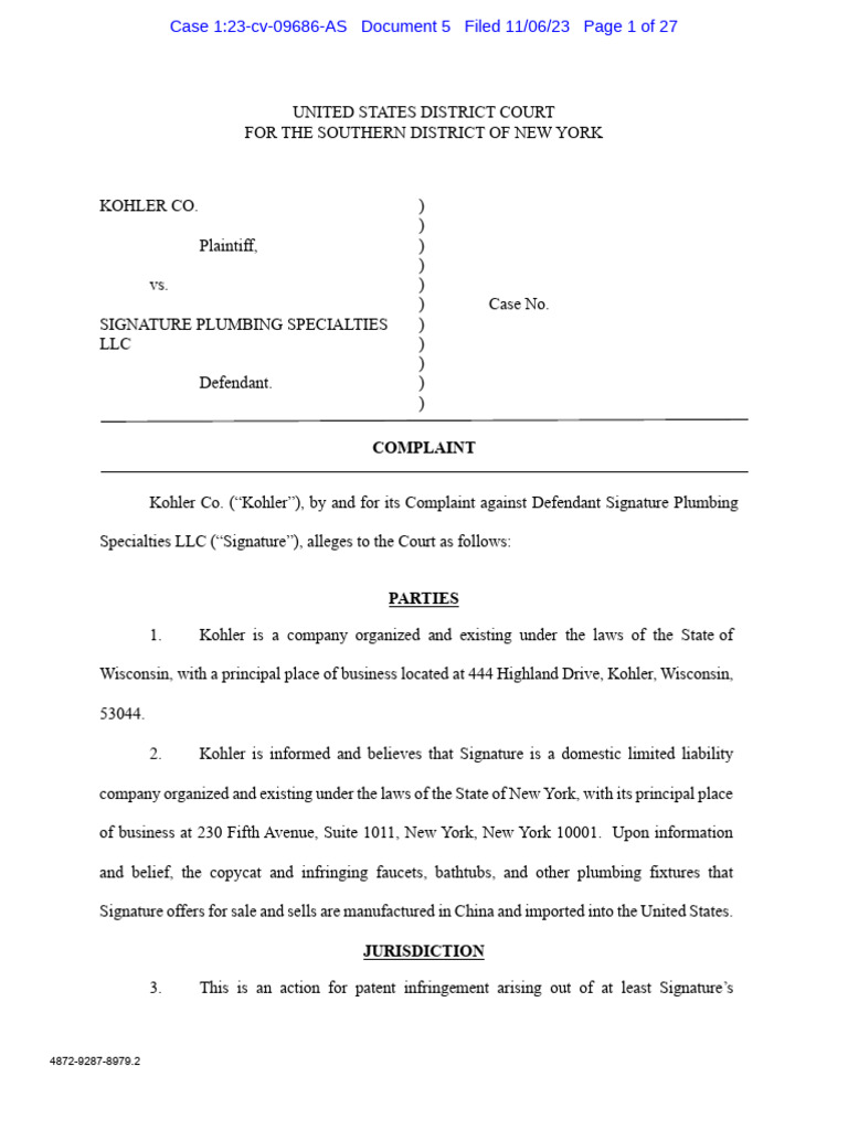 Kohler vs. Signature Plumbing Lawsuit | PDF | Patent Infringement | Patent