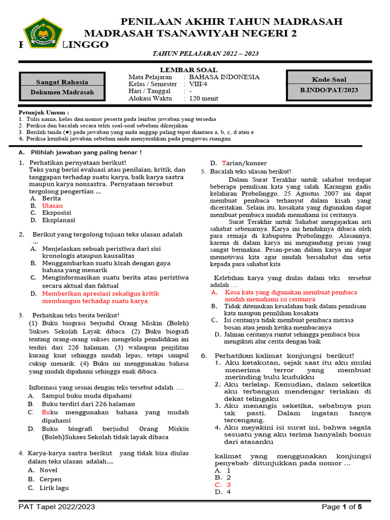 Soal PAT 4 BHS INDO | PDF