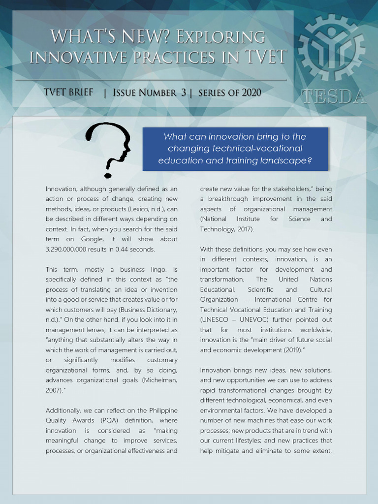 TVET Brief Issue No. 3 - Innovation | PDF | Educational Technology | Innovation