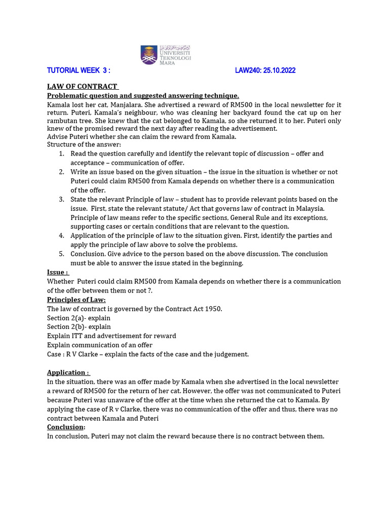 Tutorial Week 3 Law240 25.10.2022 | PDF | Offer And Acceptance | Justice