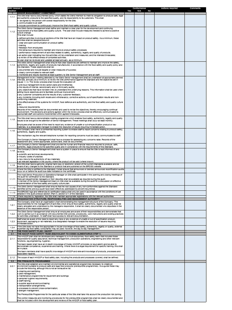 Gap BRCv9 Blank | PDF | Food Safety | Hazard Analysis And Critical ...