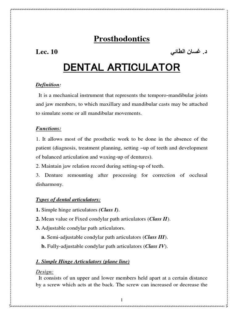 Types and Functions of Dental Articulators | PDF | Dentistry Branches