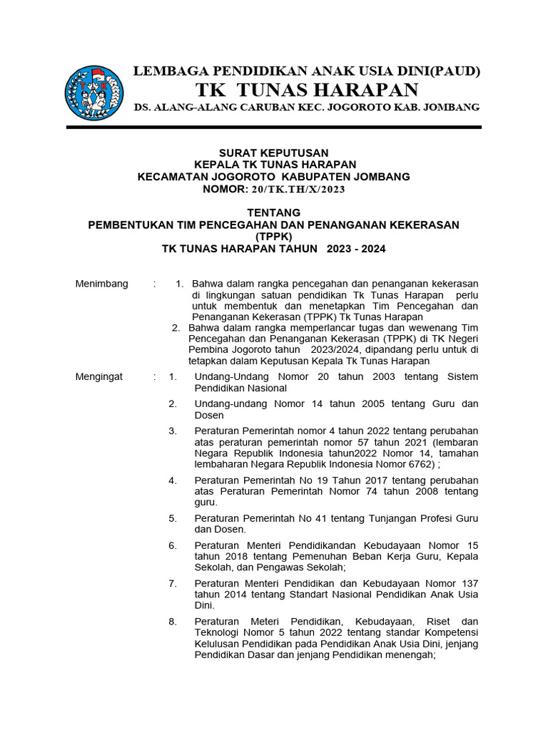 Tim Pencegahan Kekerasan PAUD | PDF