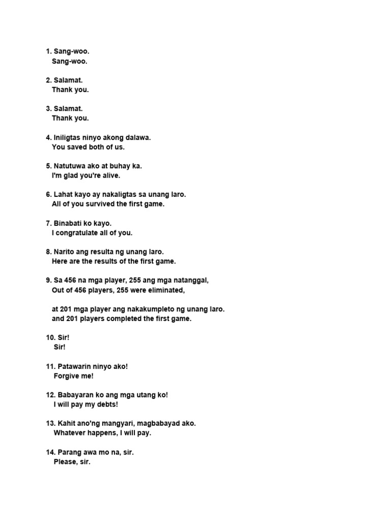 Squid Game S01 Ep02 Tagalog Transcript | PDF