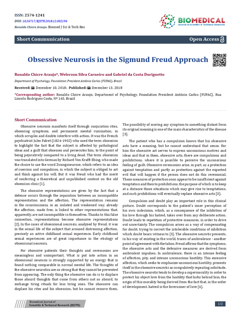 Obsessive Neurosis in The Sigmund Freud Approach | PDF | Obsessive ...