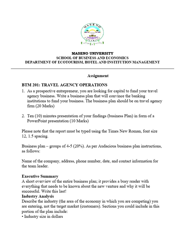 BTM 201 - Travel Agency Operations Business Plan Assignment | PDF ...