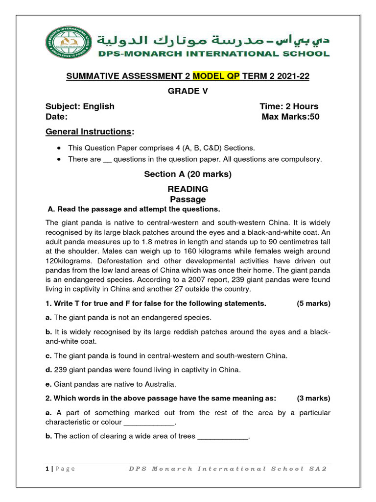 ENGLISH SA 2 Model QP | PDF | Giant Panda | Anger