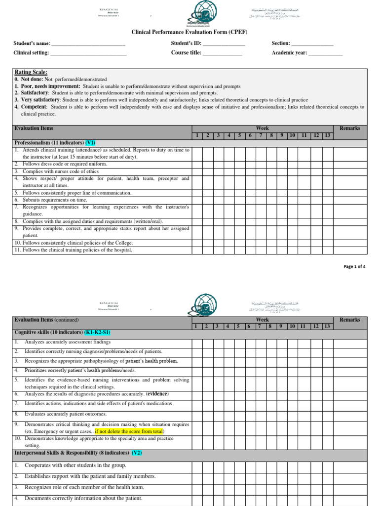 Clinical Performance Evaluation Form (CPEF) : Page 1 of 4 | PDF ...