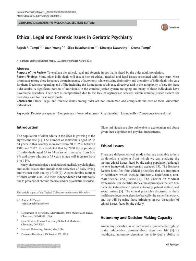 Article Ethical Legal and Forensic Issues in Geriatric Psychiatry | PDF ...