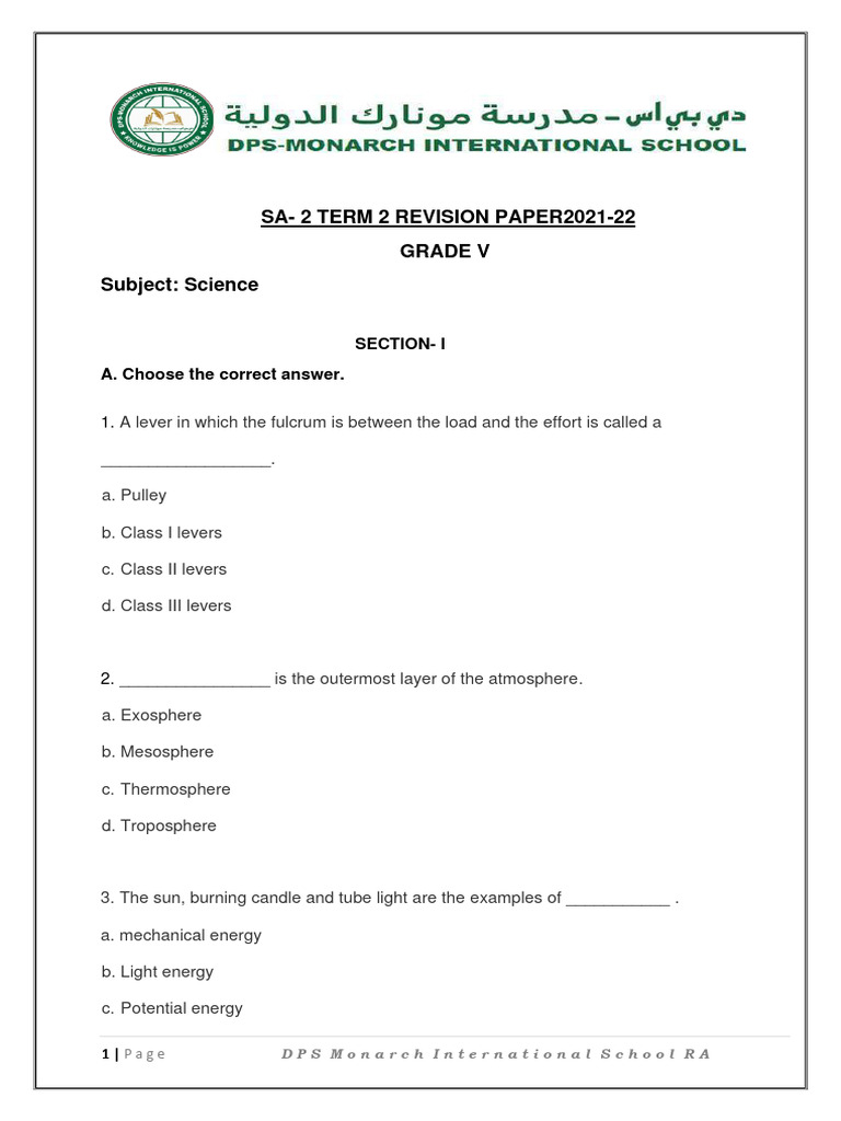 Grade 5 SA2 Term 2 Science RA 2021-22 | PDF | Atmosphere Of Earth | Liquids