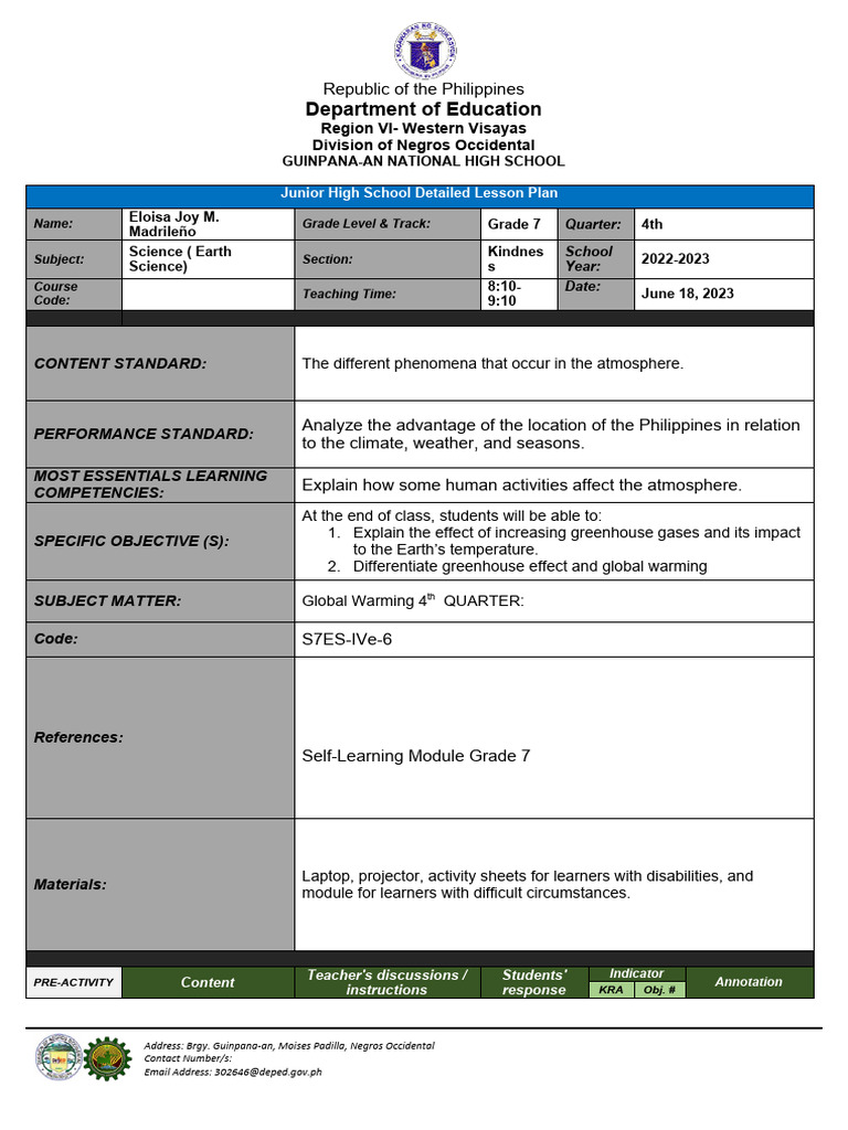 Detailed Lesson Plan 3 | PDF | Greenhouse Effect | Earth Sciences