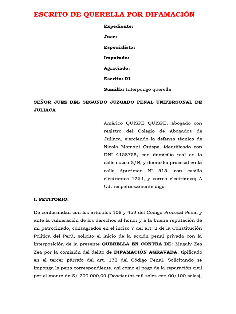 Querella por Difamación Agravada | PDF | Daños y perjuicios | Queja