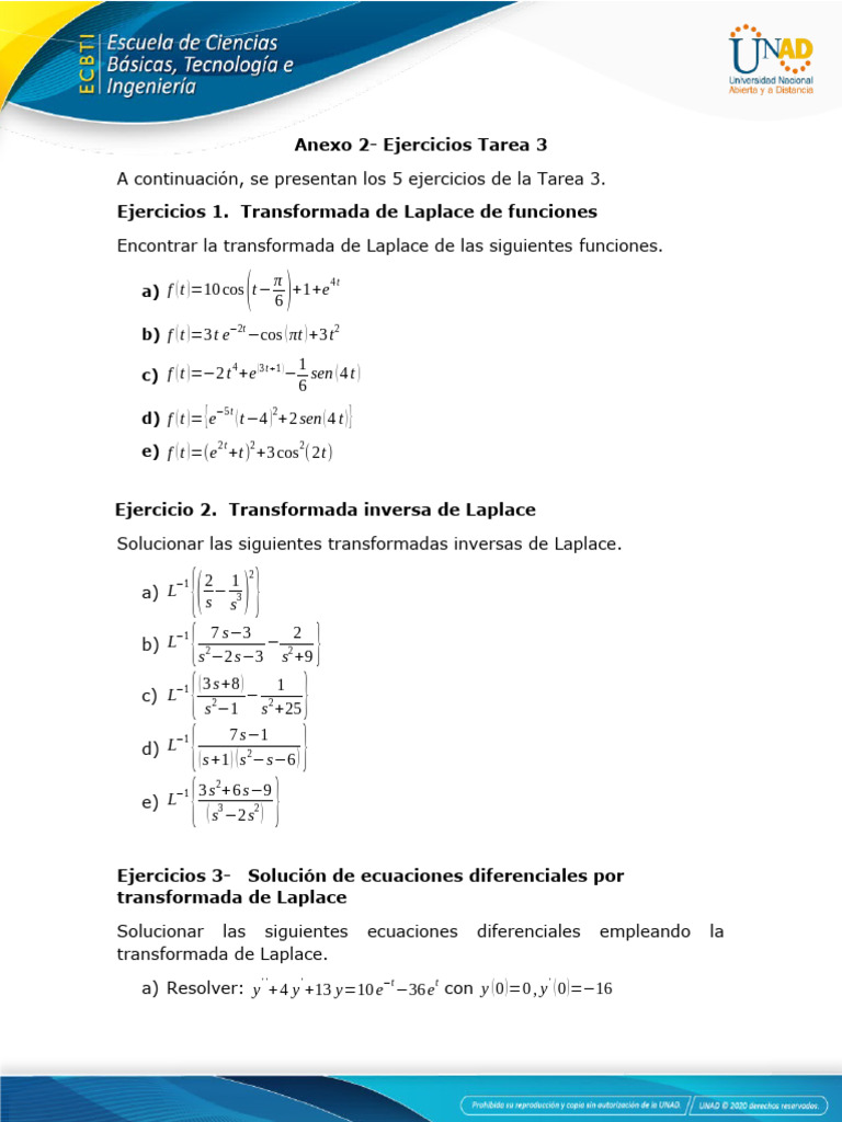 Anexo 6 - Ejercicios Tarea 3 | PDF | Transformada de Laplace | Matemáticas