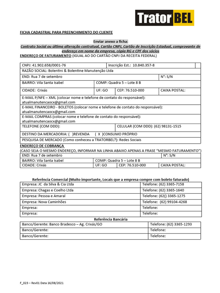 Ficha Cadastral Clientes CNPJ TRATORBEL | PDF | Economias