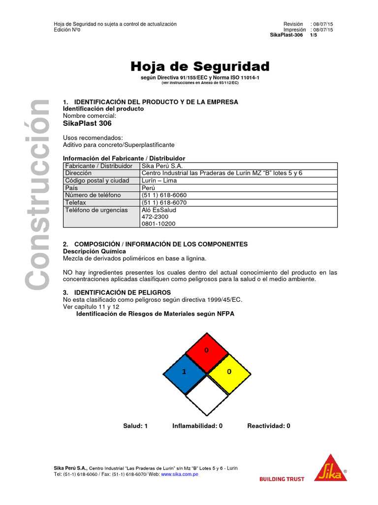 HS - SikaPlast 306 | PDF | Agua | Residuos