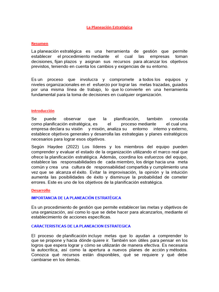 Tarea N°3 La Planeacion Estrategica | PDF | Planificación estratégica | Planificación