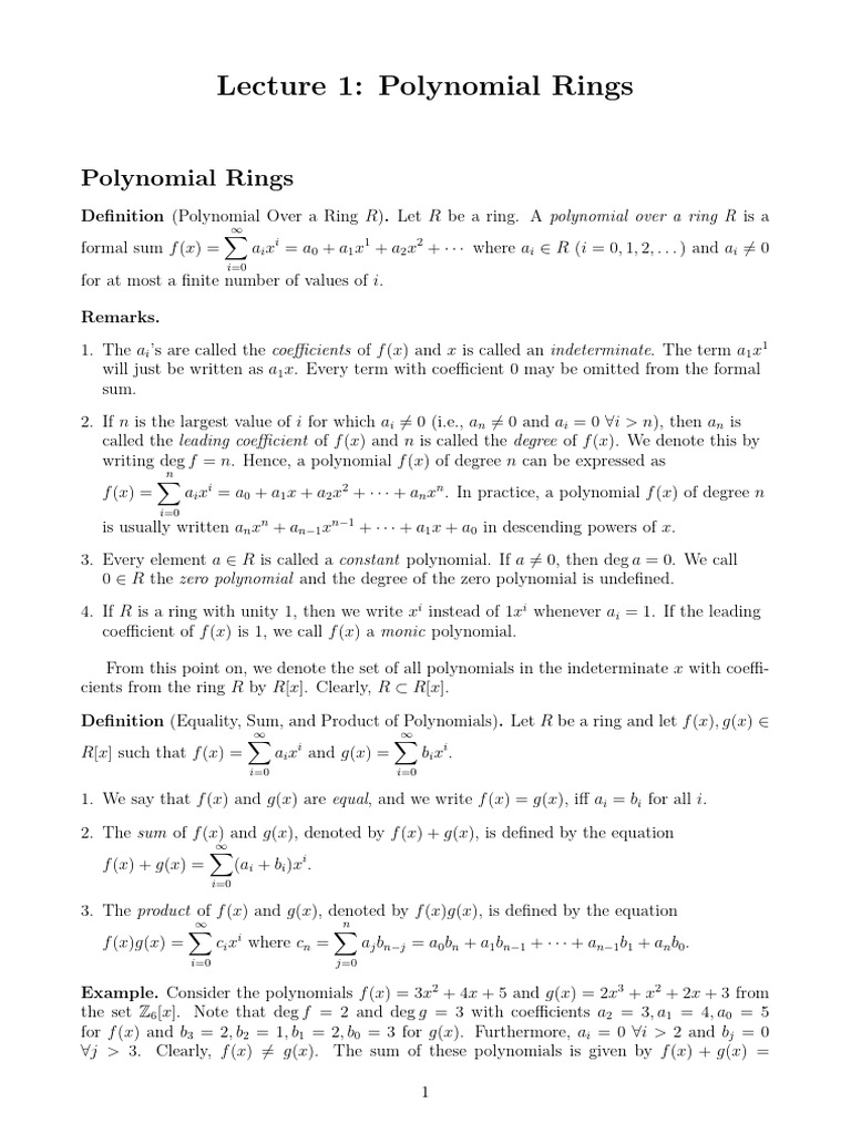 M110.3 Lec 1 - Polyomial Rings | PDF | Polynomial | Field (Mathematics)