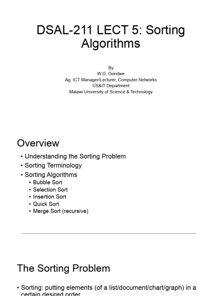 Dsal 211 Lecture 5 Sorting Algorithms Pdf Mathematical Logic Computer Programming