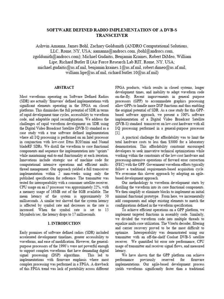 Software Defined Radio Implementation of A DVB S Transceiver Paper | Download Free PDF ...