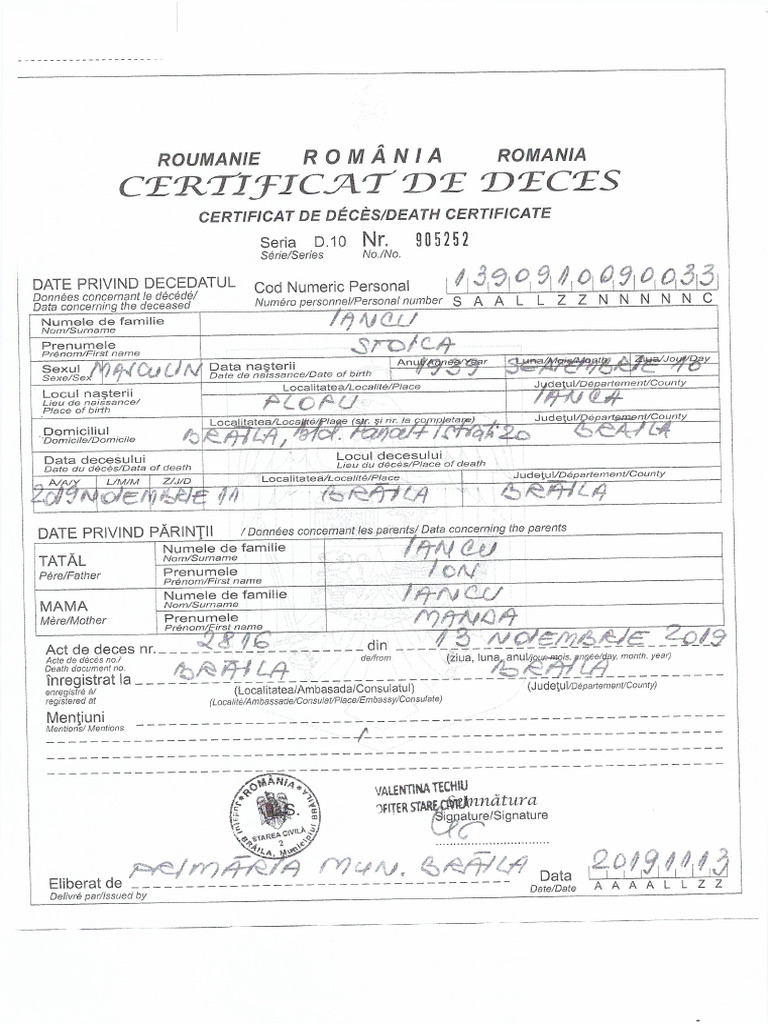 Certificat Deces Iancu Stoica | PDF