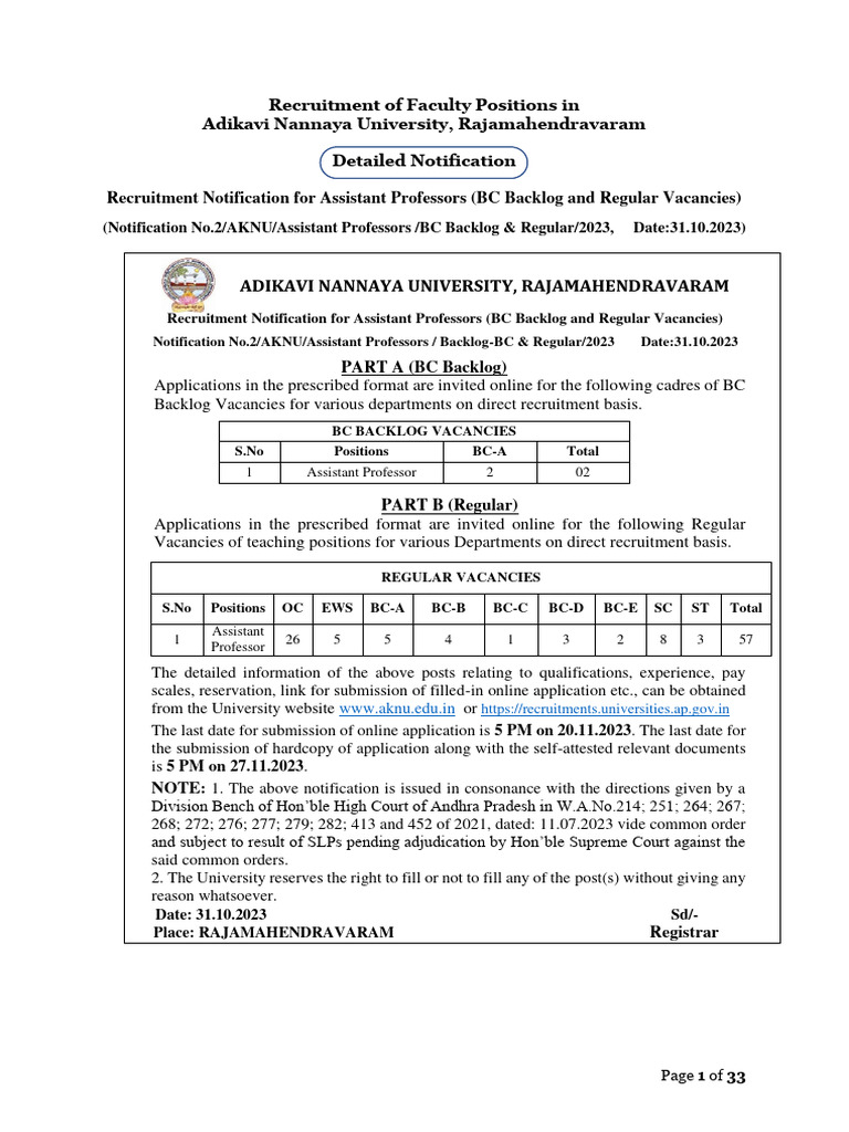 AKNU-Detailed Notification No 2-Assistant Professors | PDF | Doctor Of ...