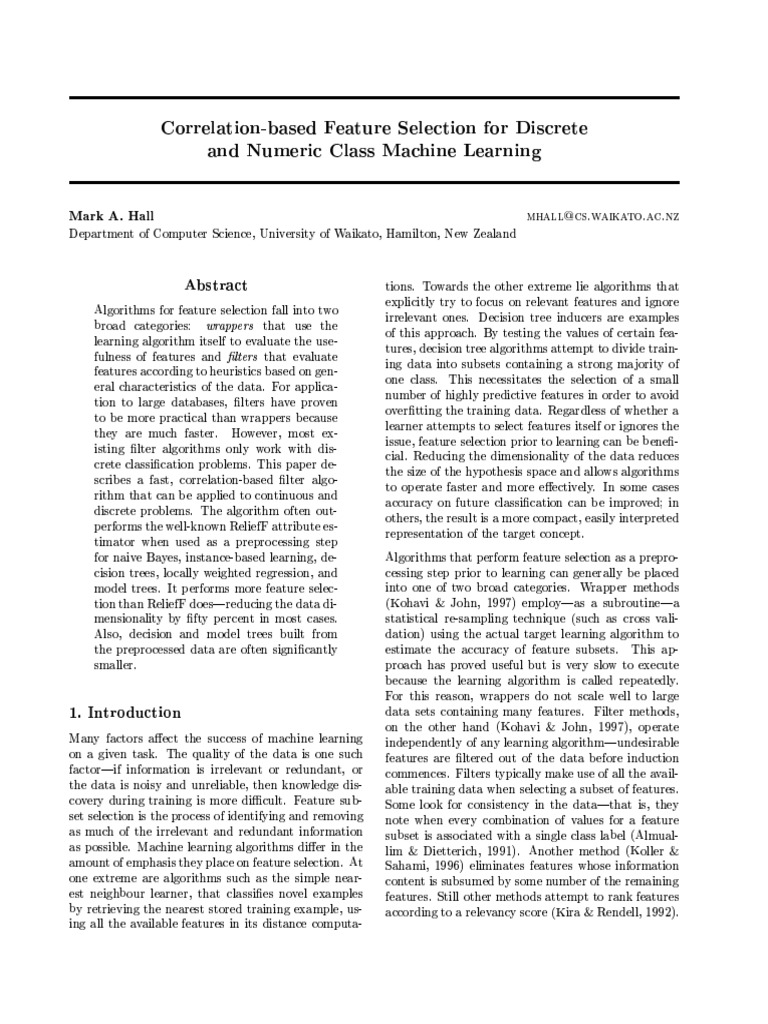 Correlation Based Feature Selection | PDF