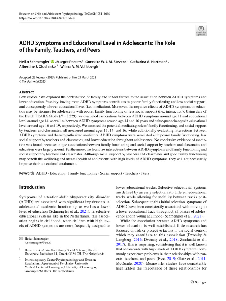 ADHD Symptoms and Educational Level in Adolescents: The Role of The Family, Teachers, and Peers ...