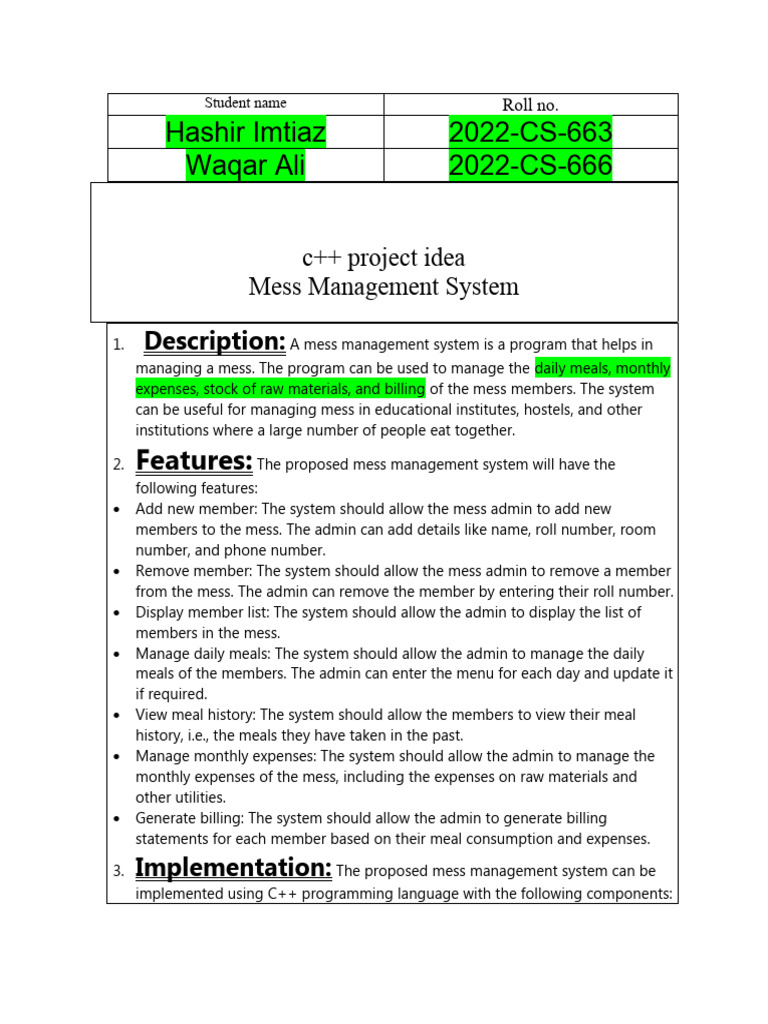 C++ Mess Management System Guide | PDF | Pointer (Computer Programming) | Control Flow