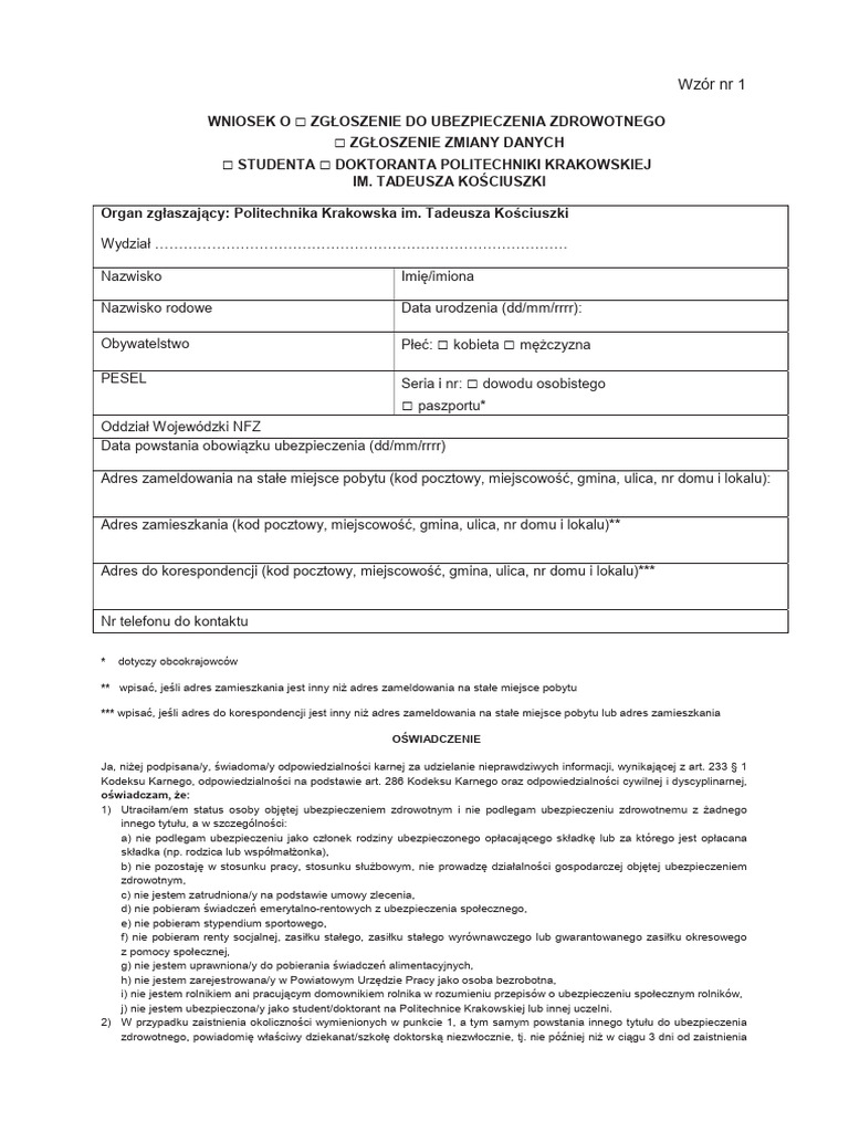 Wniosek o Zgłoszenie Do Ubezpieczenia Zdrowotnego | PDF
