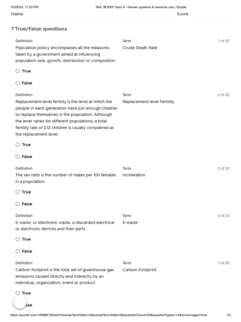 Test - IB ESS Topic 8 - Human Systems & Resource Use - Quizlet | PDF ...