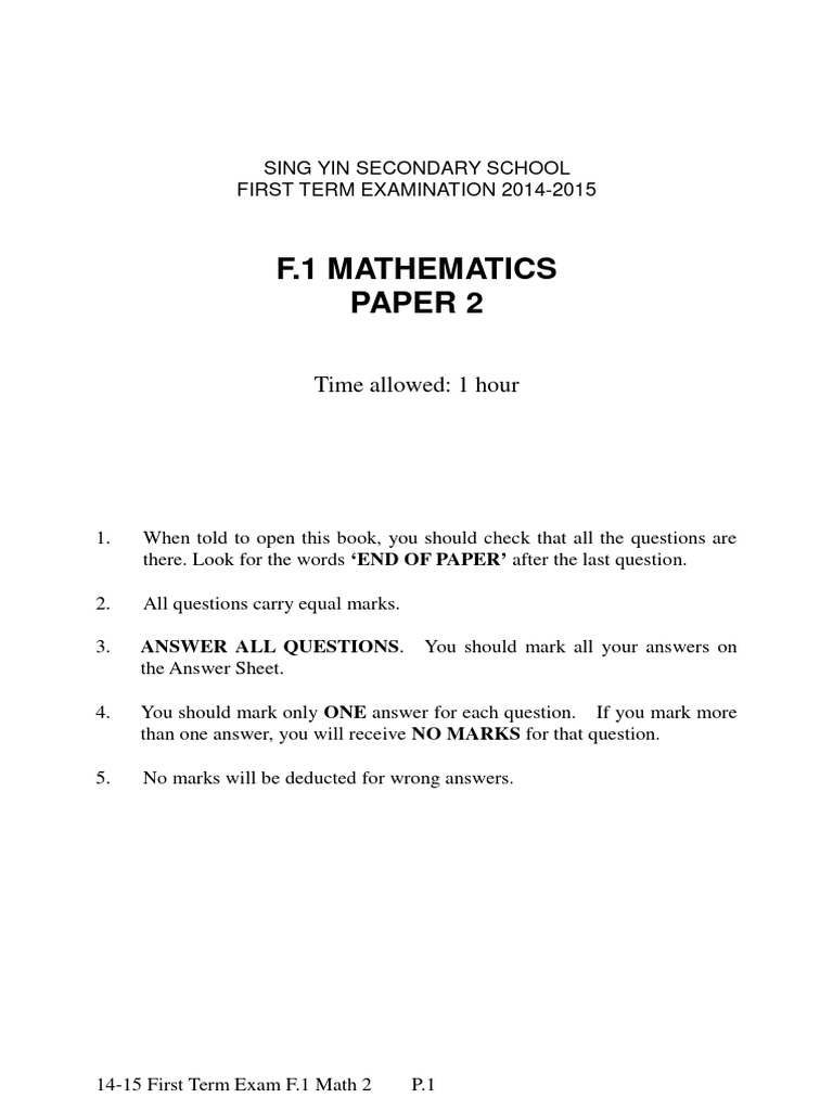 F1 Math 2014 1stexam Paper2 Question Answer | PDF | Numbers | Triangle F1 Math 2014 1stexam Paper2 Question Answer | PDF | Numbers | Triangle